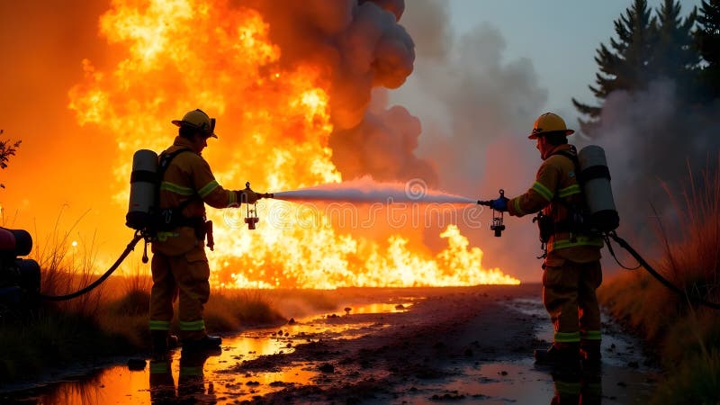 Firefighters Extinguishing a Blazing Fire with Intense Flames. Stock ...