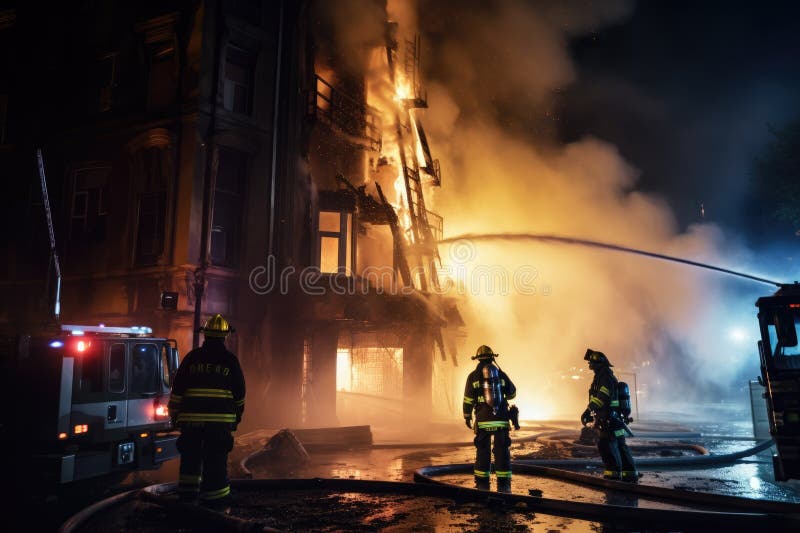 Firefighters Extinguishing a Fire in a Building at Night Ai Generated ...