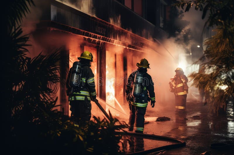 Firefighters Extinguishing a Fire in a Building at Night Ai Generated ...