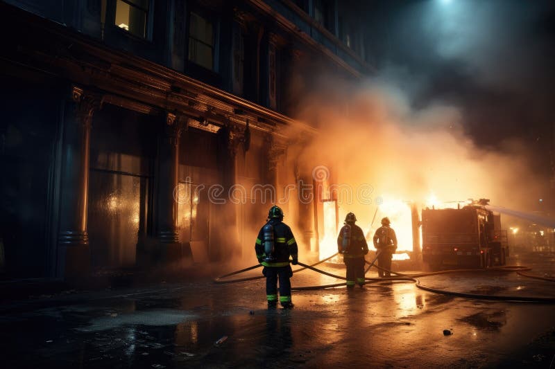 Firefighters Extinguishing a Fire in a Building at Night Ai Generated ...