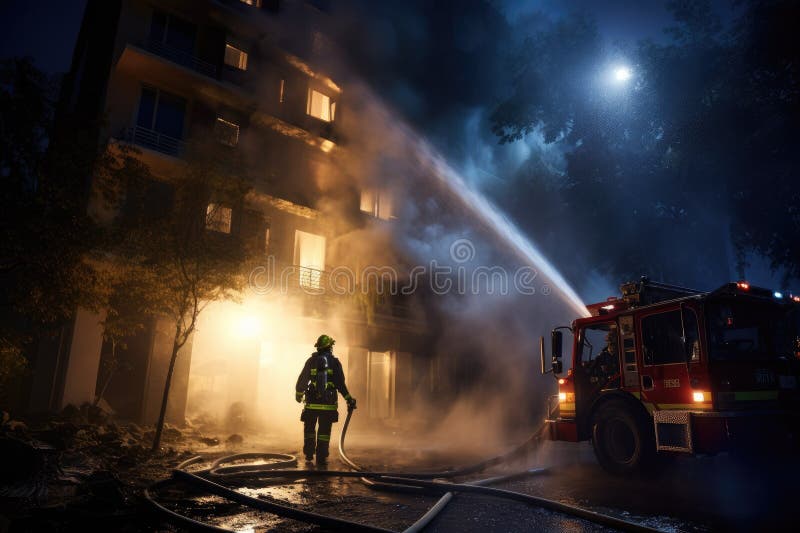 Firefighters Extinguishing a Fire in a Building at Night Ai Generated ...