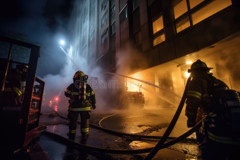 Firefighters Extinguishing a Fire in a Building at Night Ai Generated ...