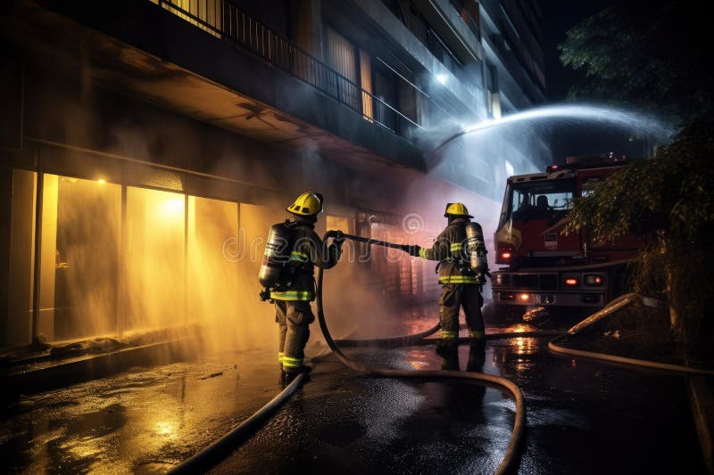 Firefighters Extinguishing a Fire in a Building at Night Ai Generated ...