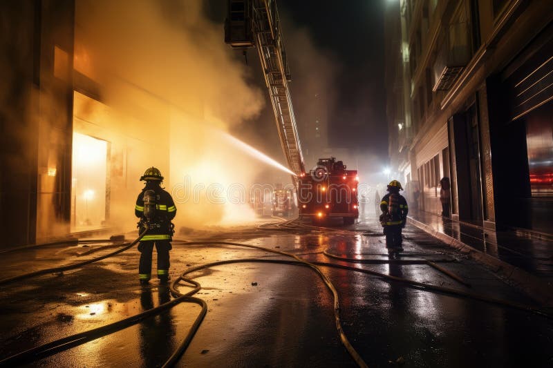 Firefighters Extinguishing a Fire in a Building at Night Ai Generated ...