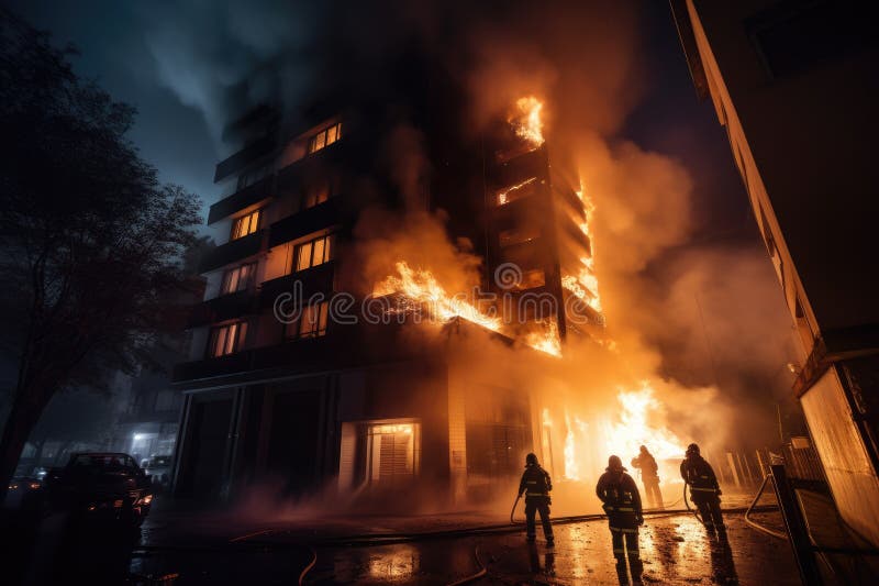 Firefighters Extinguishing a Fire in a Building at Night Ai Generated ...