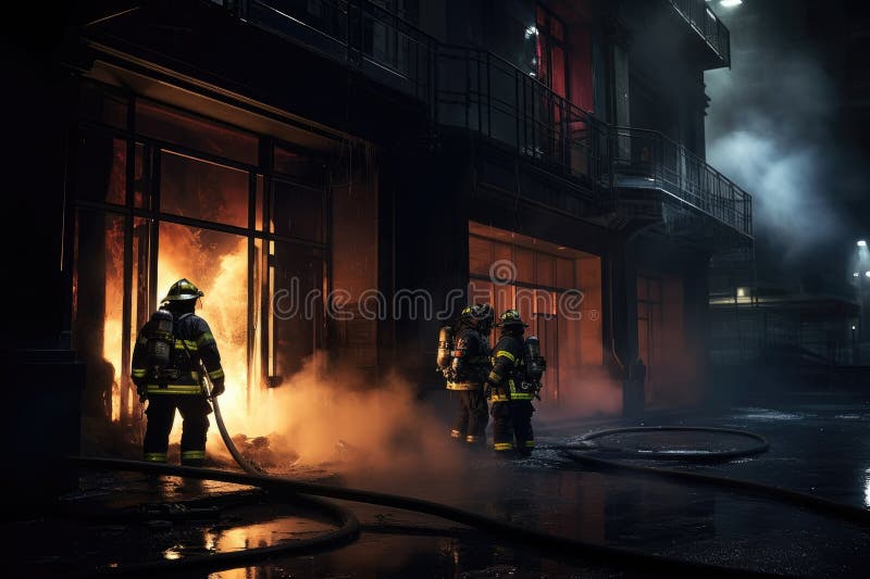 Firefighters Extinguishing a Fire in a Building at Night Ai Generated ...