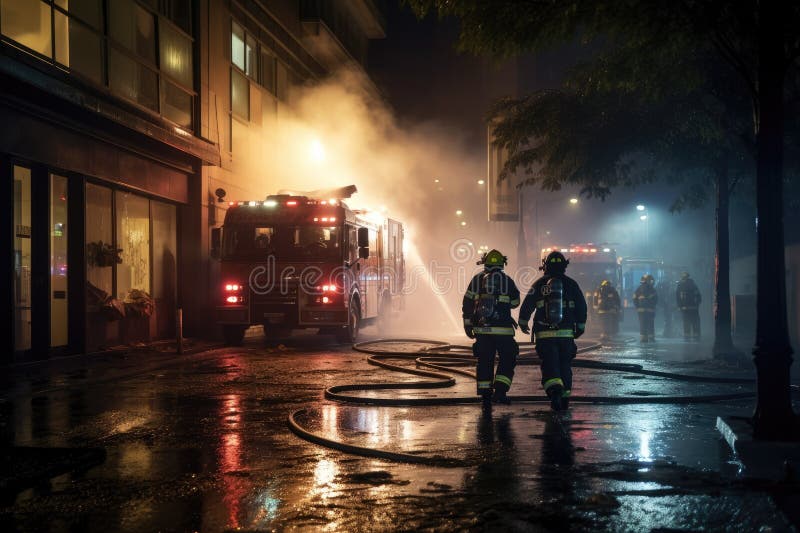 Firefighters Extinguishing a Fire in a Building at Night Ai Generated ...