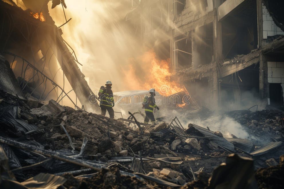 Firefighters Fighting a Fire in a Burned Building. Firefighters ...