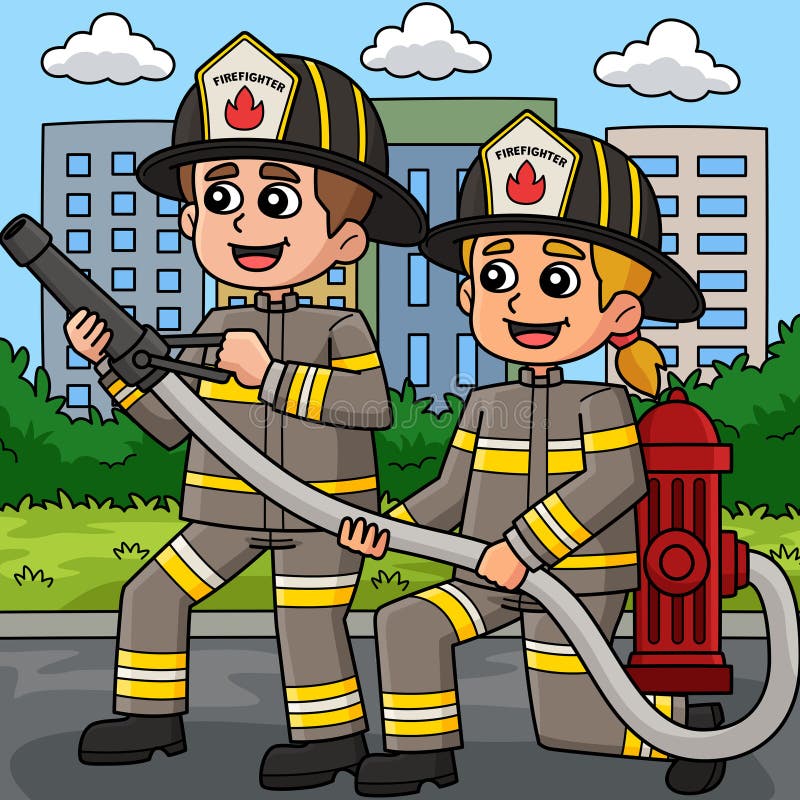 Firefighters with a Fire Hydrant Colored Cartoon Stock Illustration ...