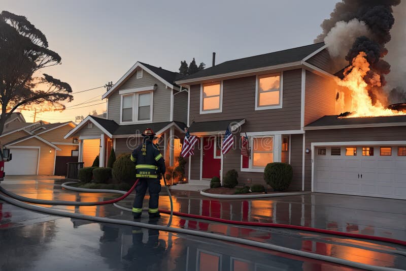 Firefighters in Front of Burning House, Generative Ai Stock ...