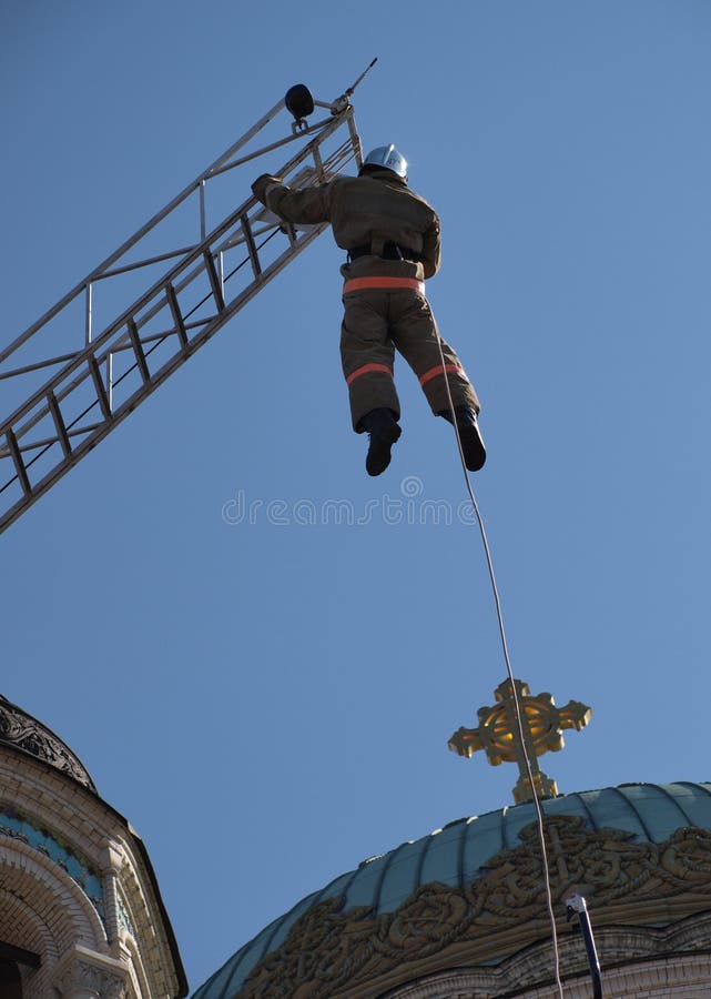 Firefighters on the Ladder of High Stock Photo - Image of fire, chrome ...