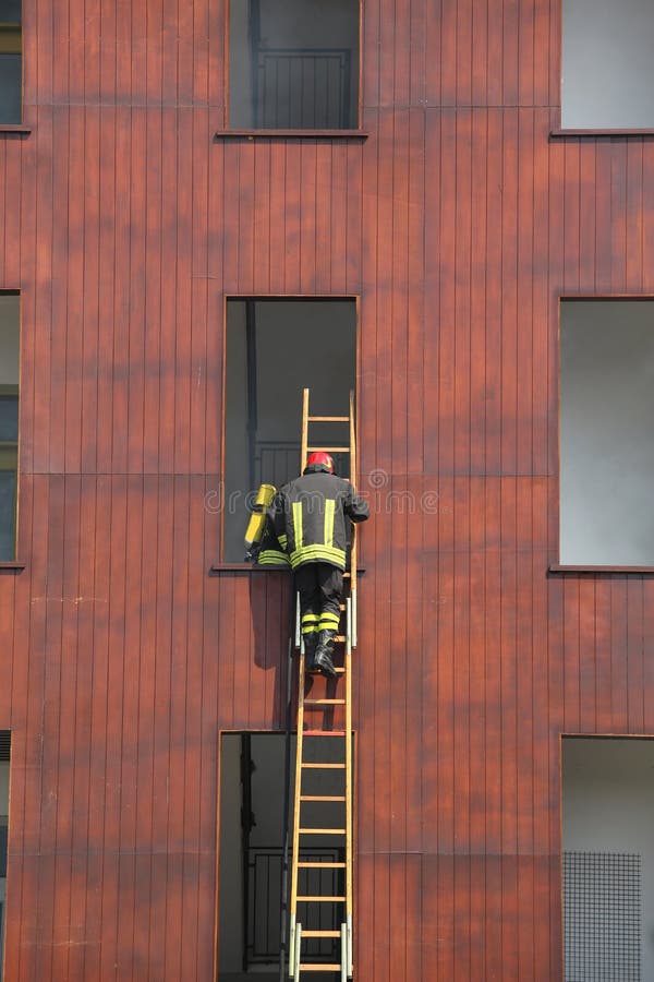 Firefighters with Ladder To Reach the Upper Floors of the Build Stock ...