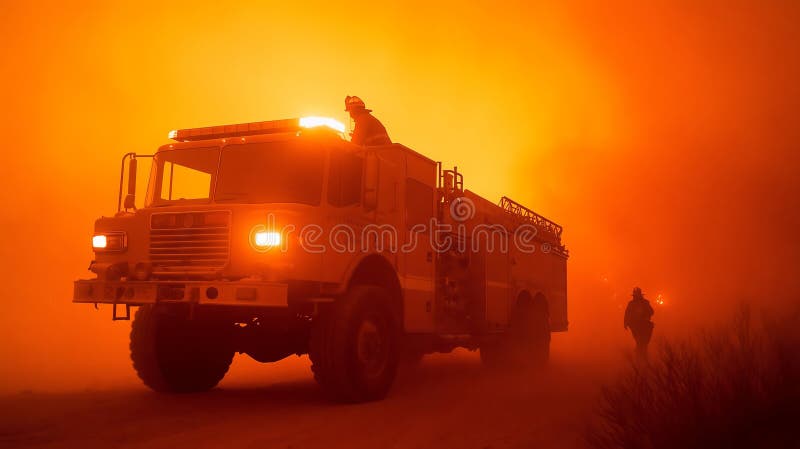 Firefighters Operating Fire Truck during Wildfire in Smoke Stock Image ...