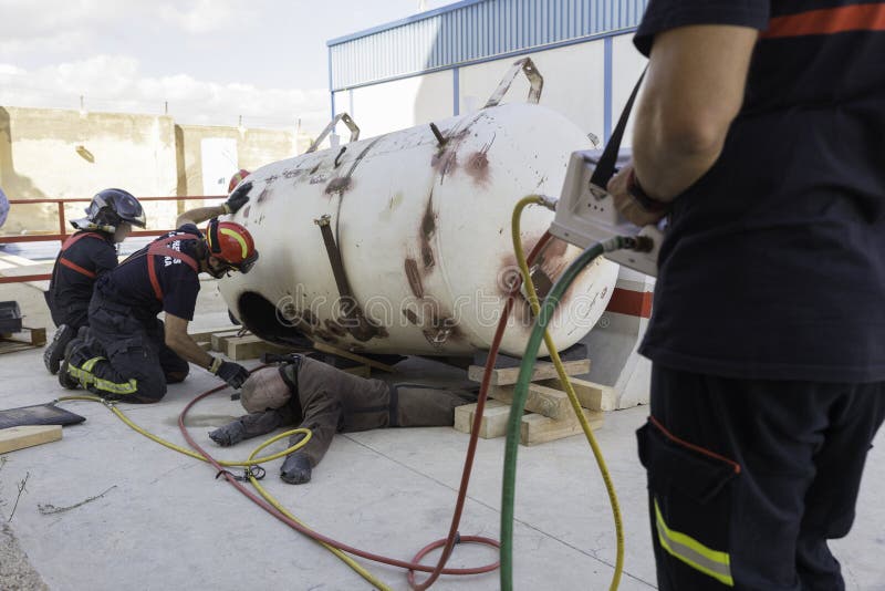 Firefighters Practicing Rescue of Victims with Liftings Bags Editorial ...