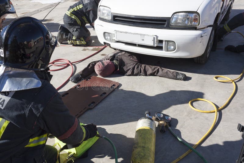 Firefighters practicing stock photo. Image of danger - 46684928