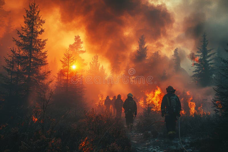 Firefighters in Protective Gear Battle Intense Forest Wildfire, Heroes ...