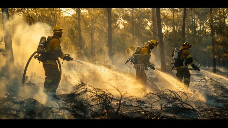 Firefighters in Protective Gear Using Hoses To Combat a Forest Fire ...
