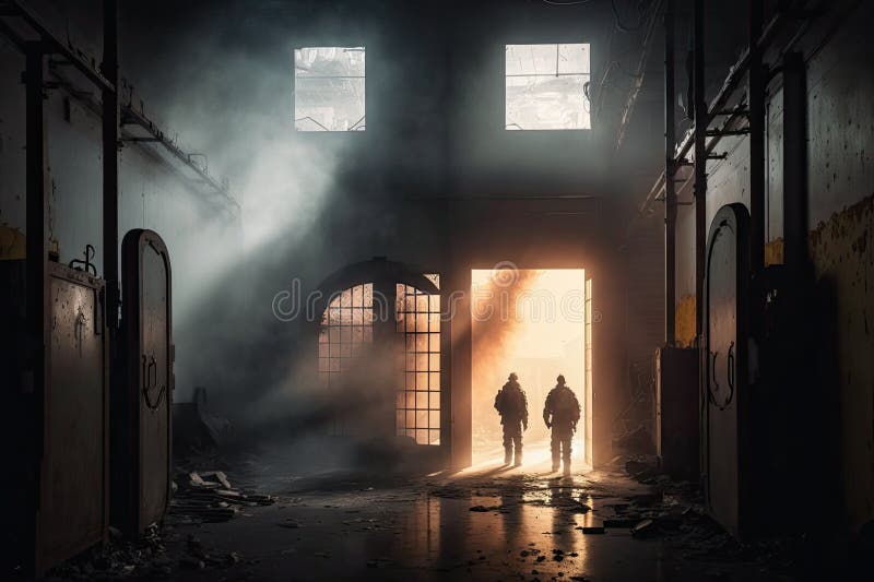 Firefighters, Responding To Blaze in Abandoned Warehouse, with Smoke ...