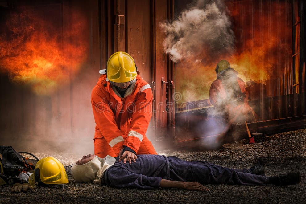 Firefighters Save Lives from Fire by CPR Stock Image - Image of mask ...