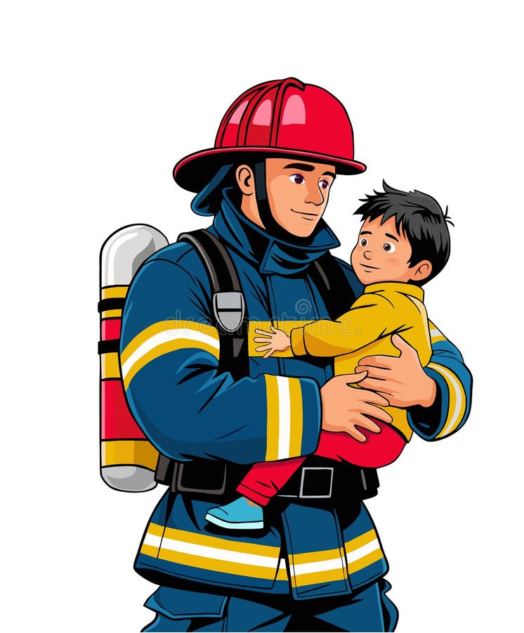 Firefighters Saving Boy from the Fire. Saving Lives. Firemen Wearing ...