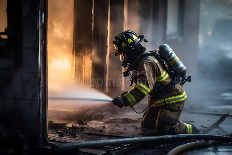 Firefighters Spraying Water in Fire Fighting Operation, Fire and Rescue ...
