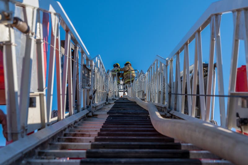 Firefighters on Stairs Extinguish a Big Fire Stock Image - Image of ...