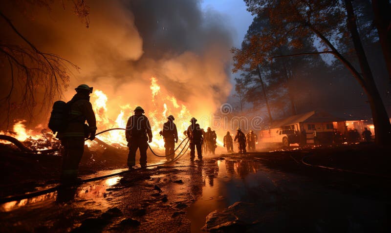Firefighters Standing in Front of Blaze. Stock Image - Image of team ...