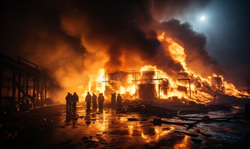 Firefighters Standing in Front of Raging Fire Stock Image - Image of ...