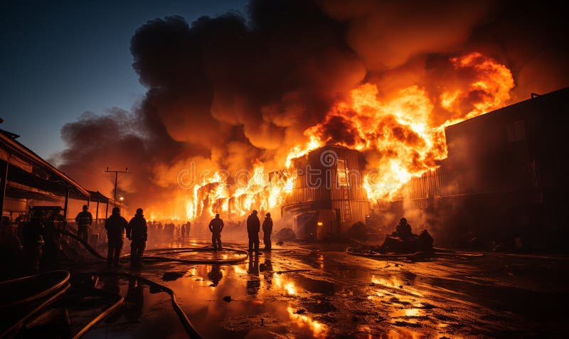 Firefighters Standing in Front of Raging Fire Stock Illustration ...