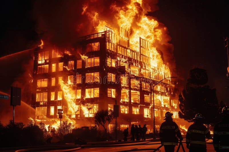 Building Engulfed in Flames, Firefighters Battling Blaze Amidst Smoke ...