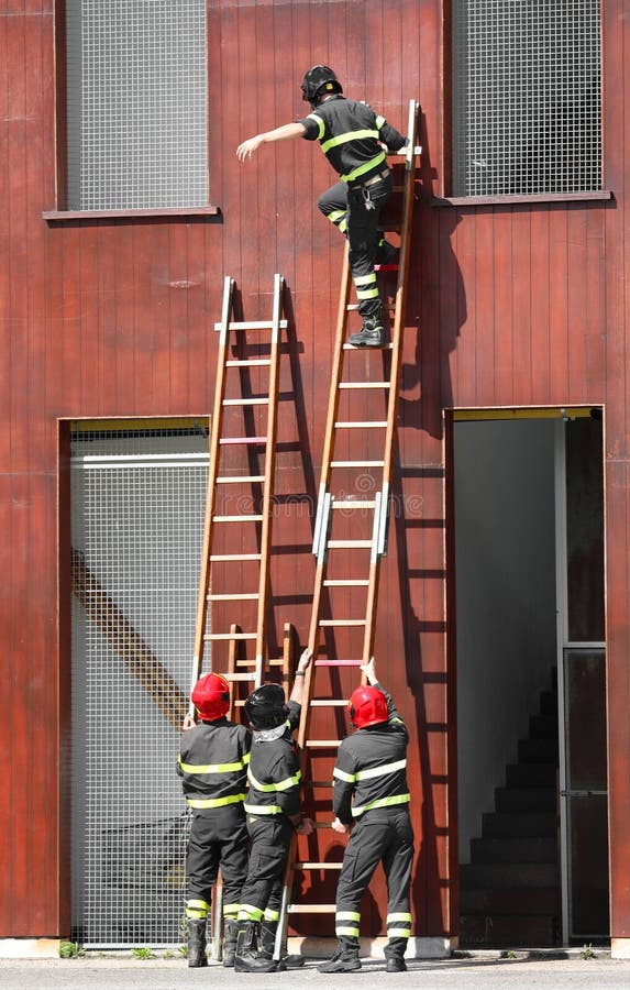 Firefighters Team during an Exercise with the Ladder Stock Image ...