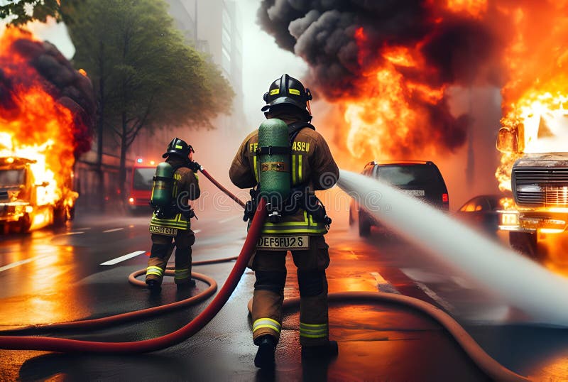 Firefighter Using Fire Hose To Extinguish Burning Flame Stock ...