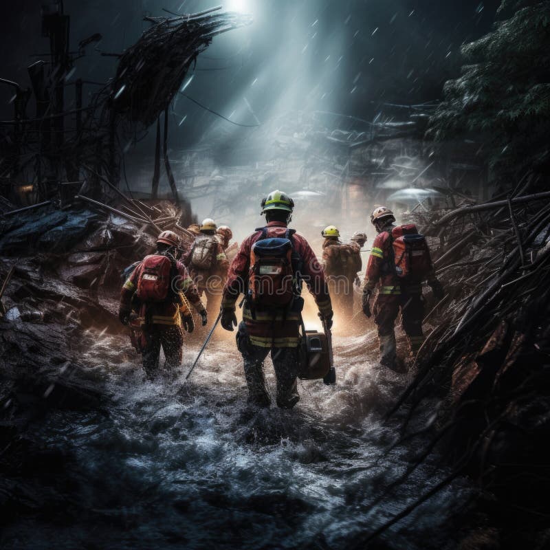 Firefighters Walking through a Flooded Area, AI Stock Image - Image of ...