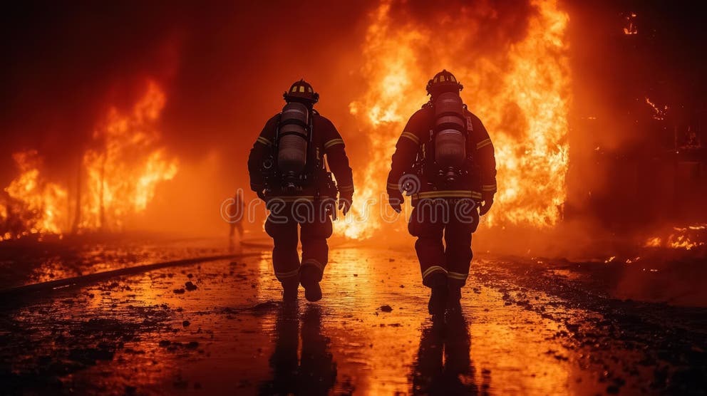 Firefighters Work on Fire. Firemen Walk in Building Stock Illustration ...