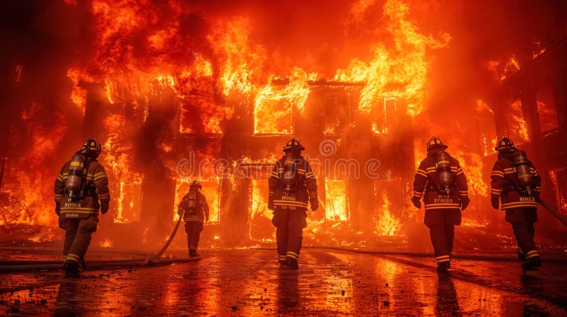 Firefighters Work on Fire. Firemen Walk in Building Stock Illustration ...
