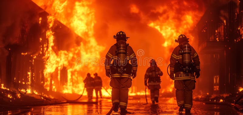 Firefighters Work on Fire. Firemen Walk in Building Stock Illustration ...