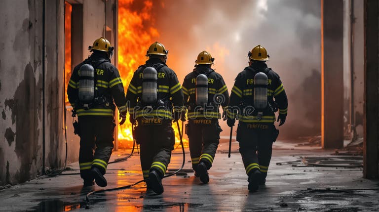 Firefighters Work on Fire. Firemen Walk in Building Stock Illustration ...