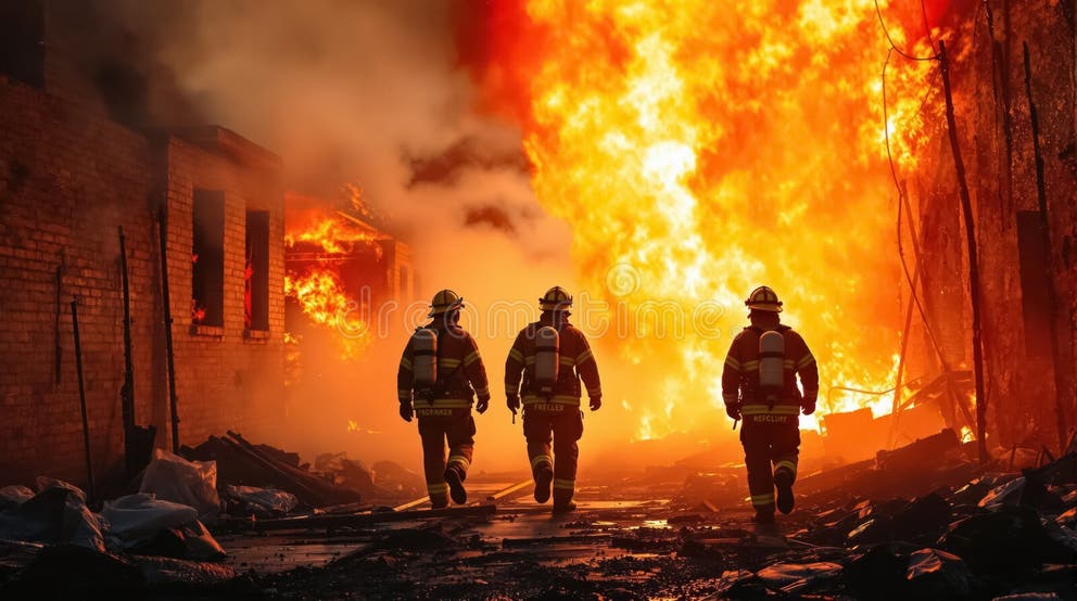 Firefighters Work on Fire. Firemen Walk in Building Stock Illustration ...