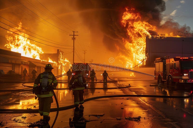Firefighters Work Tirelessly with Hoses To Control a Massive Blaze ...