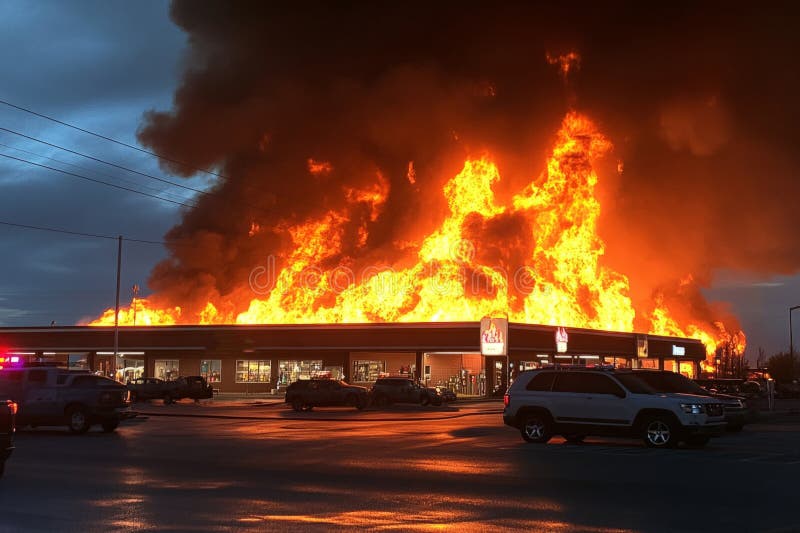 Firefighters Working during Dangerous Night Fire Disaster, Gas Station ...