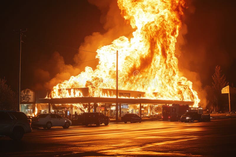 Firefighters Working during Dangerous Night Fire Disaster, Gas Station ...