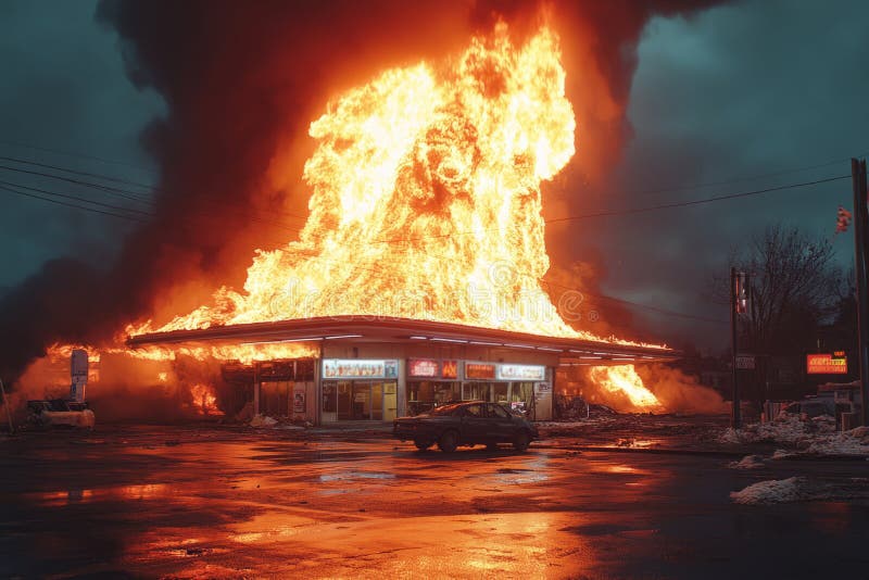 Firefighters Working during Dangerous Night Fire Disaster, Gas Station ...
