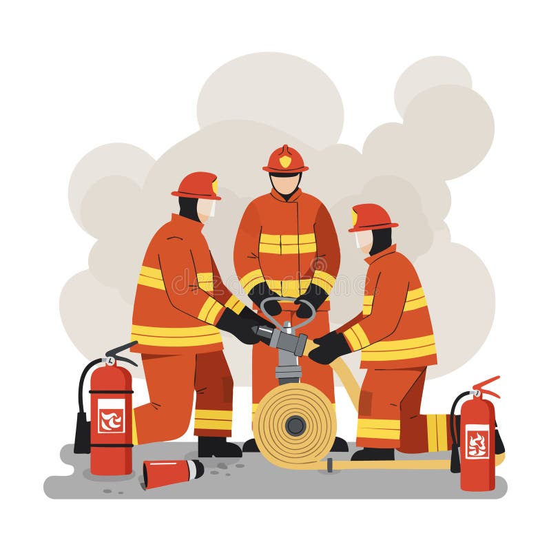 Firefighters Working with Fire Hose and Extinguishers in Smoke ...