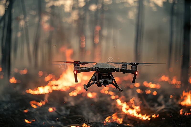 Firefighting Drone Flying Over a Burning Forest. Technologies of Fire ...