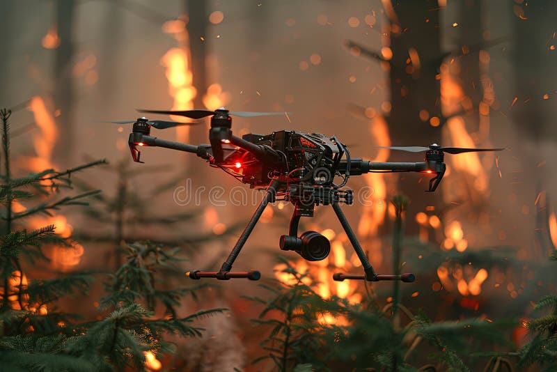 Firefighting Drone Flying Over a Burning Forest. Technologies of Fire ...