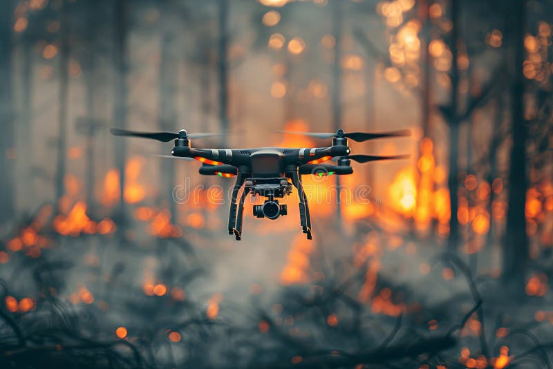 Firefighting Drone Flying Over a Burning Forest. Technologies of Fire ...