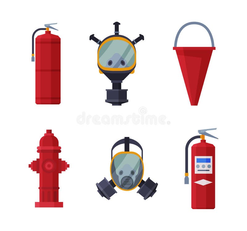 Firefighting Equipment and Emergency Service Tools Vector Set Stock ...