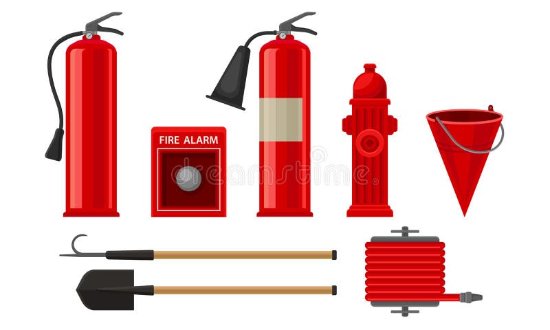 Firefighting Equipments Vector Illustrated Set Isolated on White ...