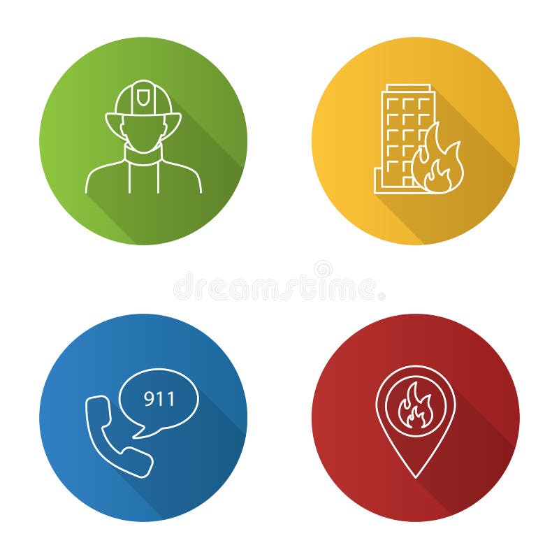 Firefighting Flat Linear Long Shadow Icons Set Stock Vector ...