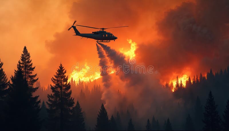 Firefighting Helicopter Drops Water Forest Fire. Emergency Response ...